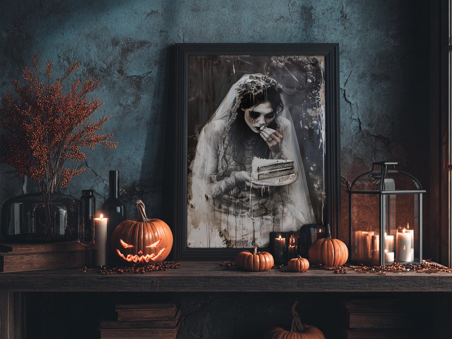 Melancholic Ghost Bride Having A Slice of Birthday Cake, Framed Canvas ...