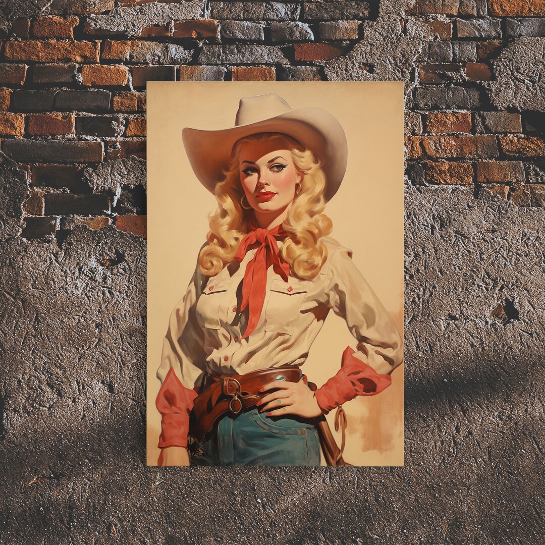 1950s Cowgirl Portrait Wild Western Decor Framed Canvas Art Cow Girl Print Preppy Dorm Room
