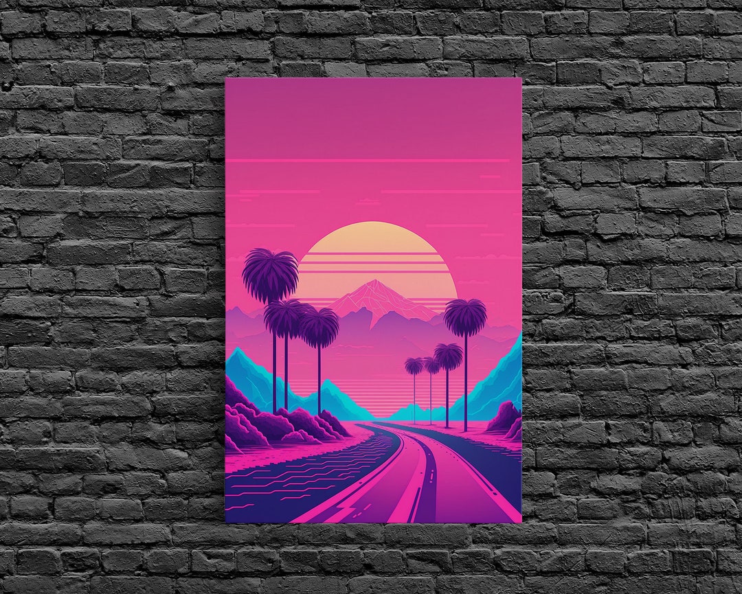 Retro Synthwave 80s Vibes Sunset Over the Mountains and Palm - Etsy
