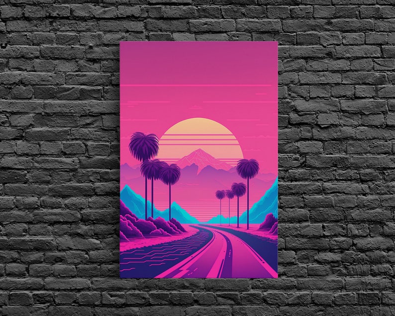 Retro Synthwave 80s Vibes Sunset Over the Mountains and Palm - Etsy