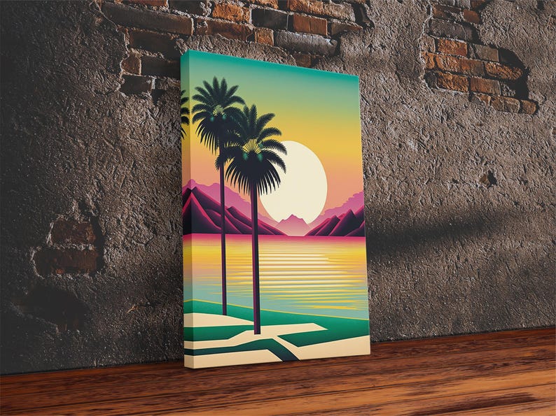Framed Canvas Print - Art Deco Sunset Scene - Mountains, Palmtrees ...