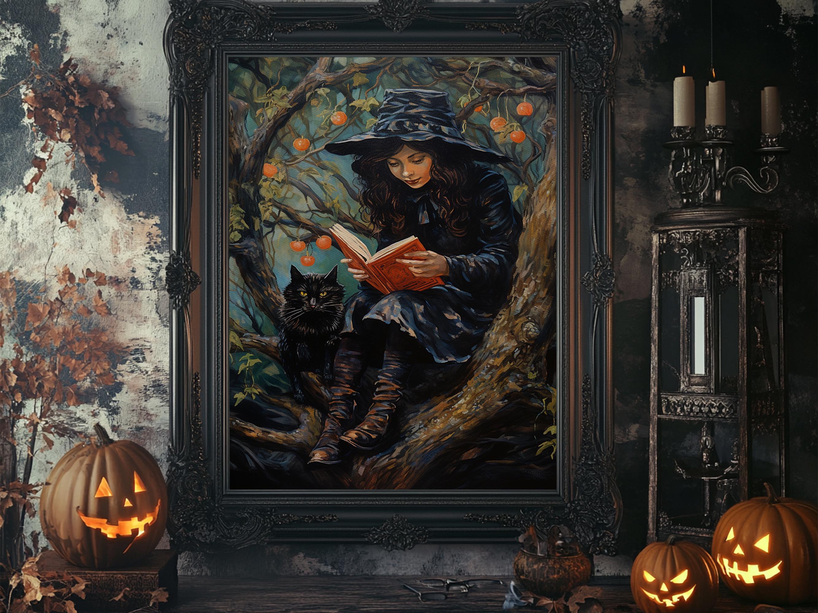 Cute Witch Reading Spells to Her Black Cat Familiar, Vintage Halloween ...