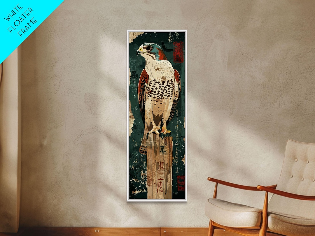 Majestic Hawk Perched on Weathered Stump Skinny Art Tall Art Framed ...