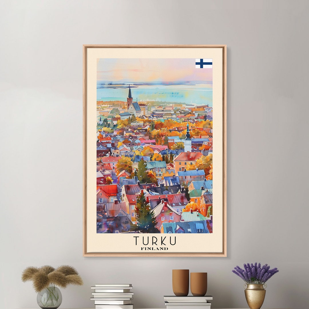 Turku Finland Travel Poster Framed Canvas Print, Watercolor Painting ...