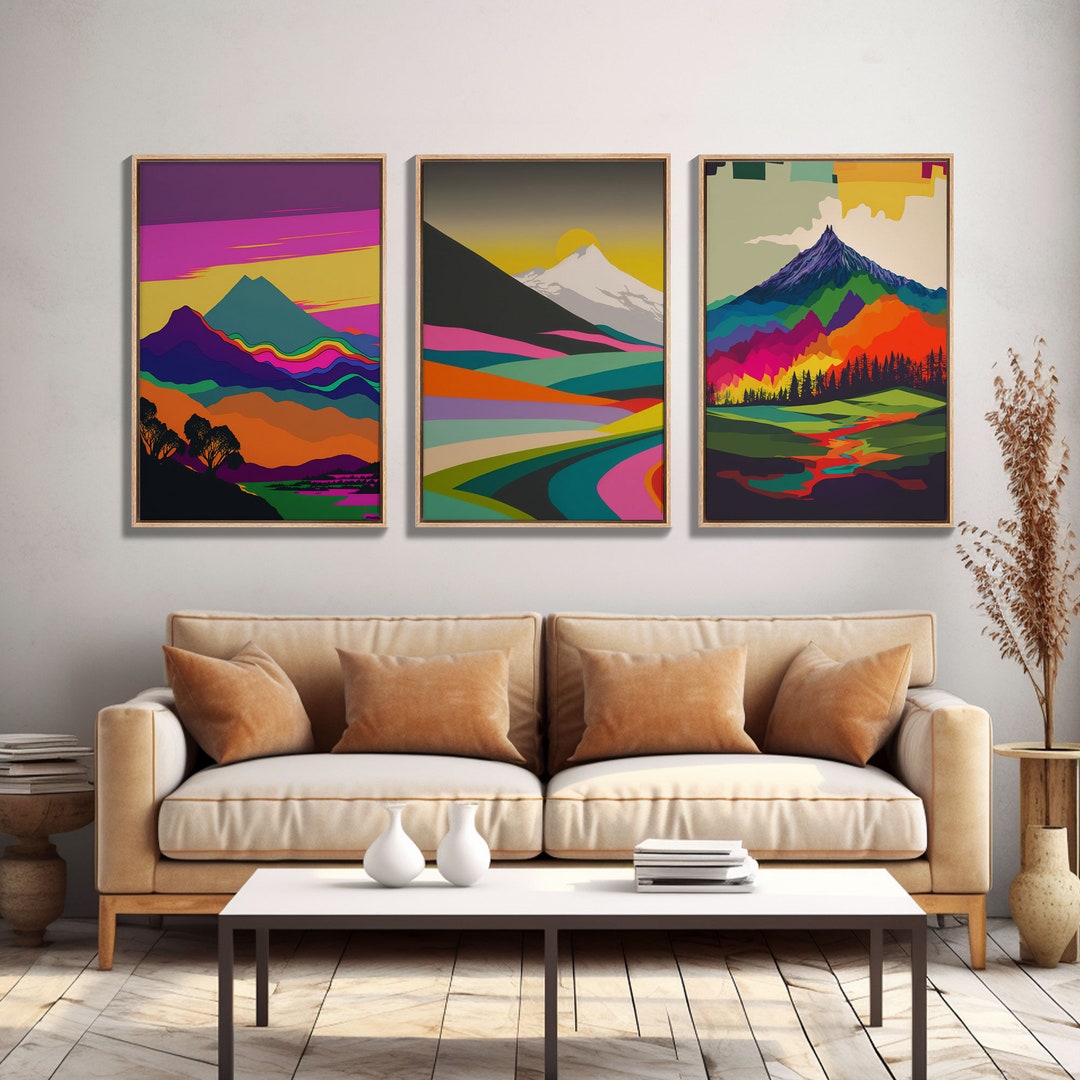Psychedelic Surrealist Mountain Landscape, Trippy Art, Framed Canvas ...