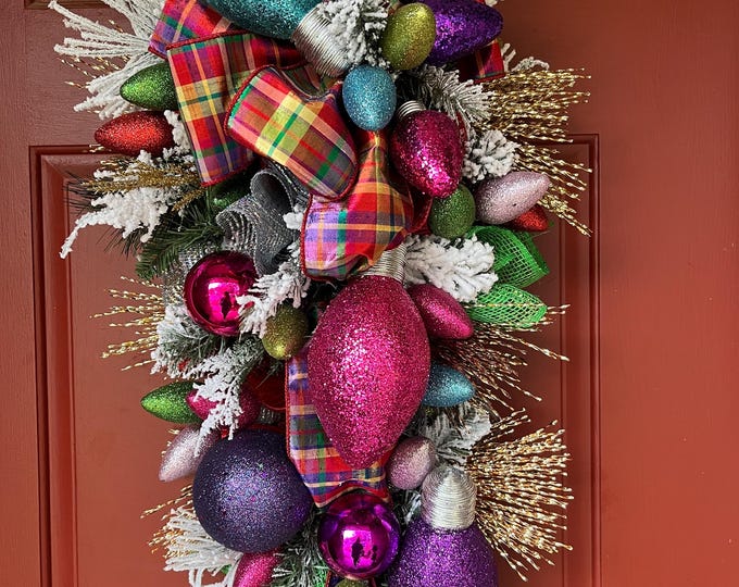 Christmas Wreath, Bright Colored Wreath, Christmas Bulb Wreath, Trendy ...