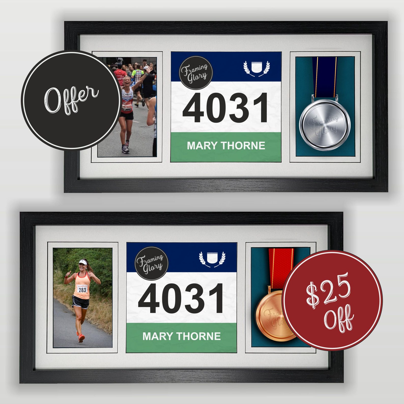 2 X Running Race Bib, Photo & Medal Display Frames : Gift for Runner ...