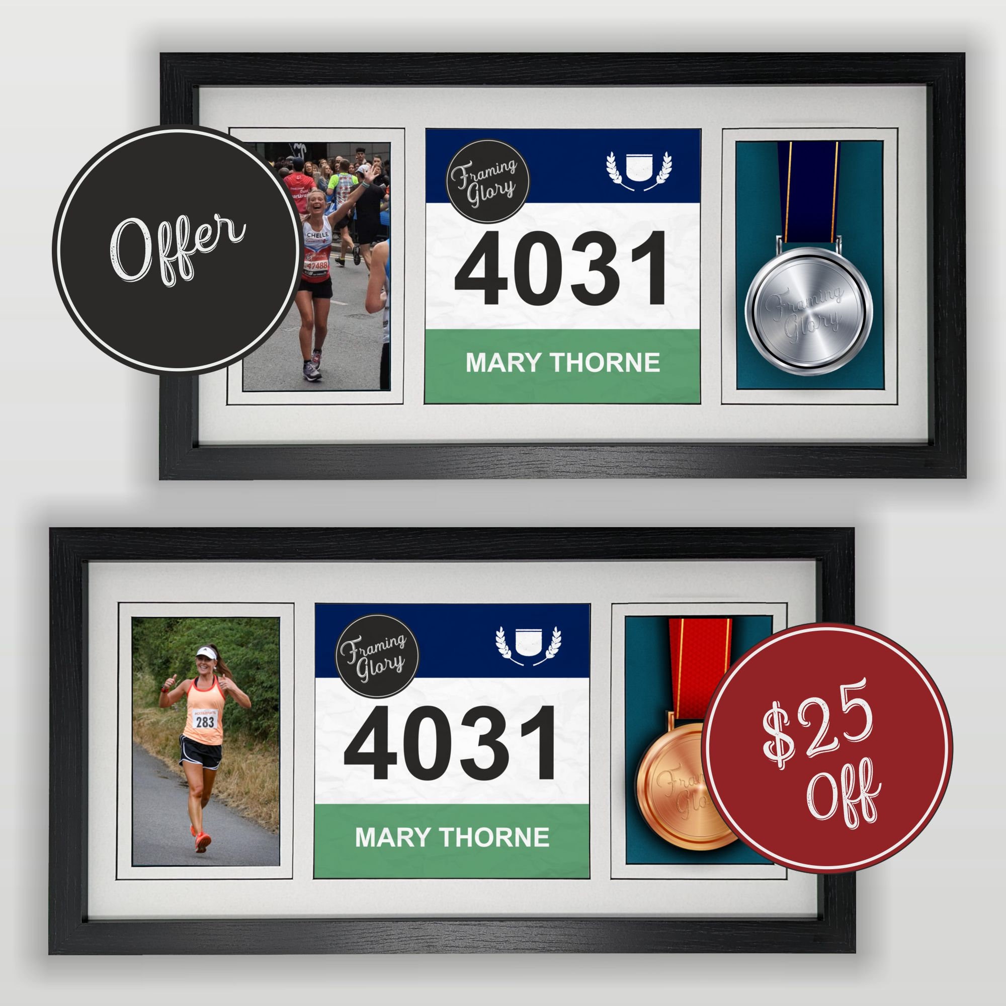 2 X Running Race Bib, Photo & Medal Display Frames : Gift for Runner ...