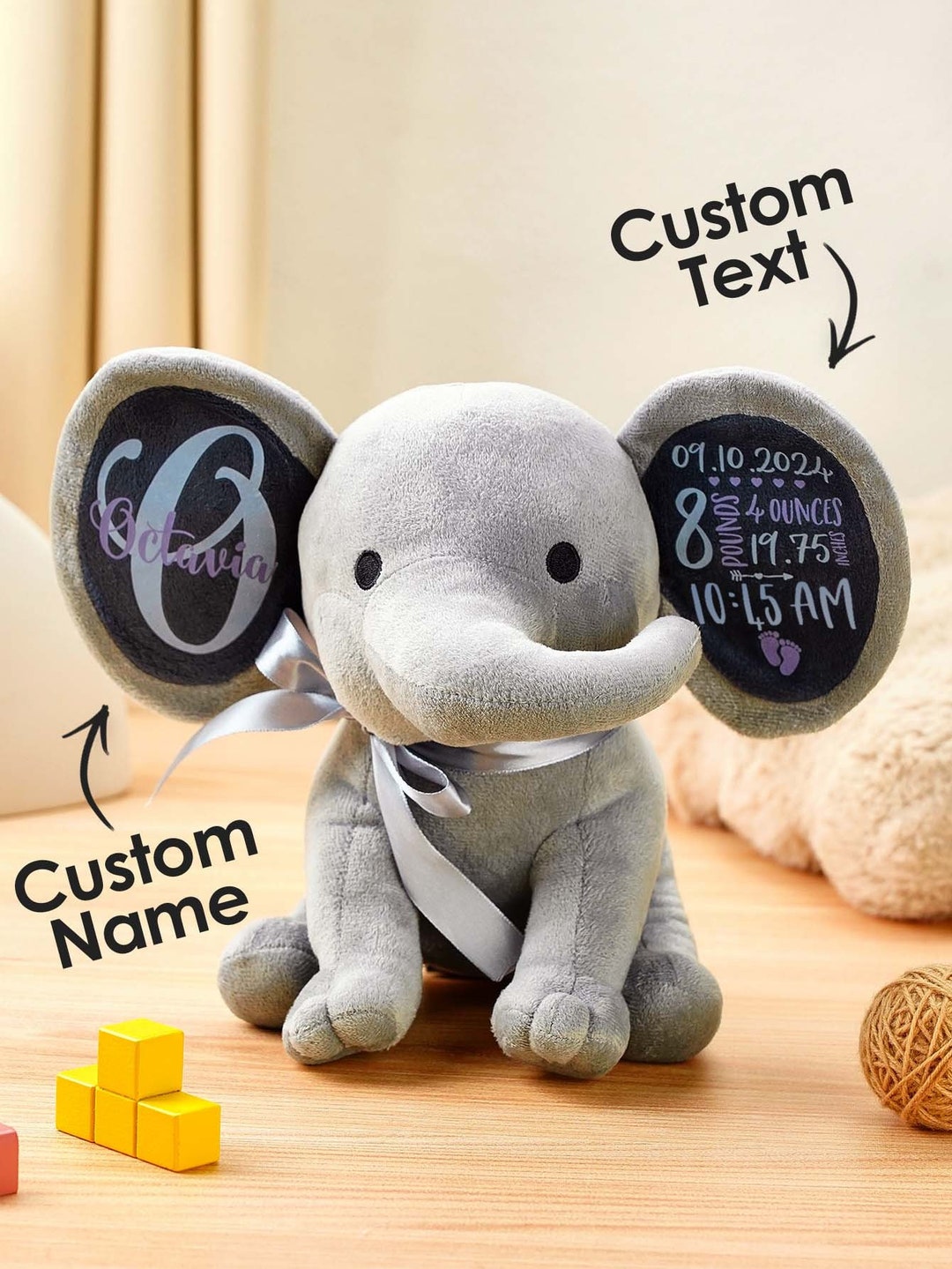 Personalized Plush Elephant Birth Announcement, Custom Baby Stuffed ...