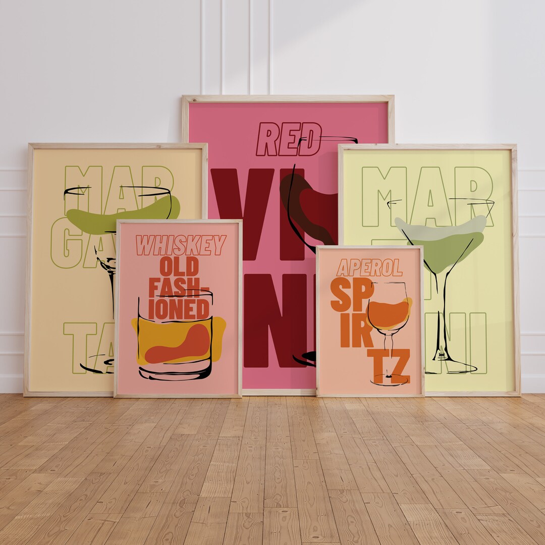 SET OF 5 Cocktail Prints Printable Bar Gift Idea Hangover Art Retro ...