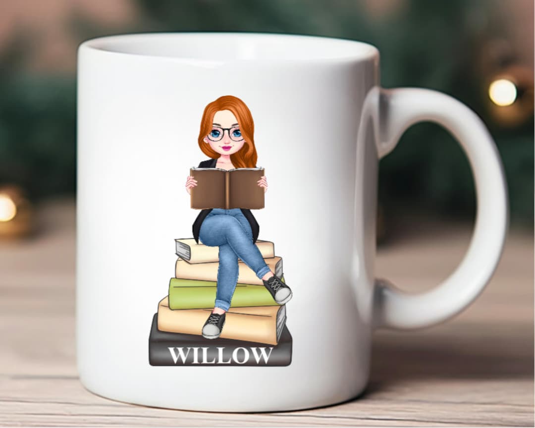 Personalised Book Girl Caricature Mug, Book Reader Custom Cup, Reading ...
