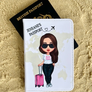 Personalised Passport Caricature Cover, Travel Woman Faux Leather ...