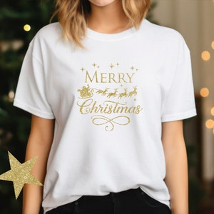 Glitter Merry Christmas T Shirt, Sparkly Santa Sleigh Gold Silver Red ...