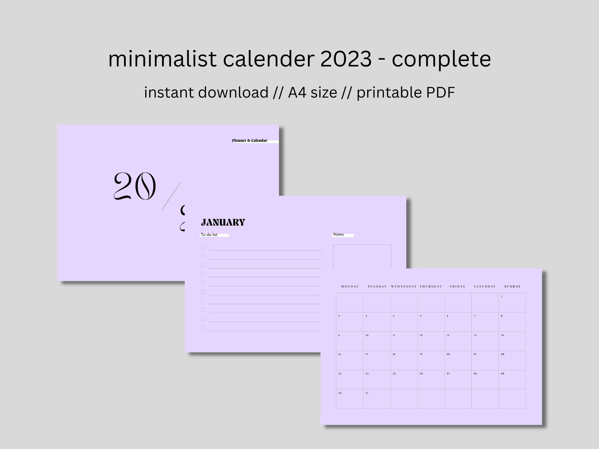 Minimalist Printable Calendar 2023 Complete Year Lilac - Etsy