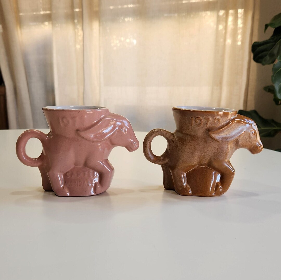 Pair of Two Vintage Frankoma Pottery Donkey Burro Mugs, Pink and Brown ...