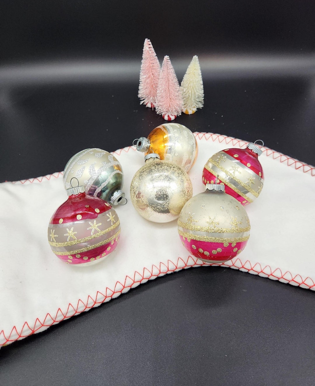 Vintage Shiny Brite Mercury Glass 6 Ornaments Set, Glitter Mica ...