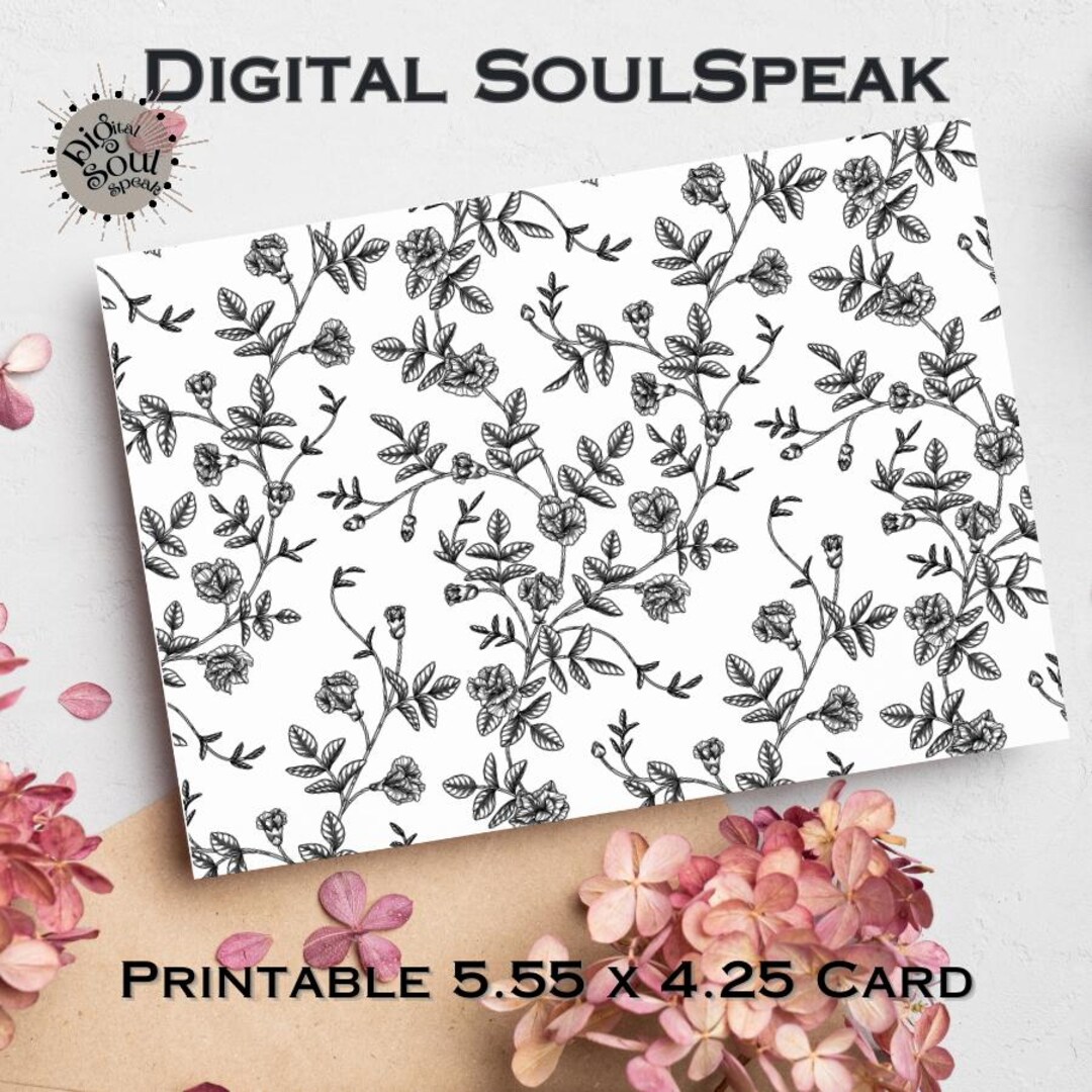 Floral Printable Card: Black Ink Design, Blank Inside (5.5 X 4.25 ...