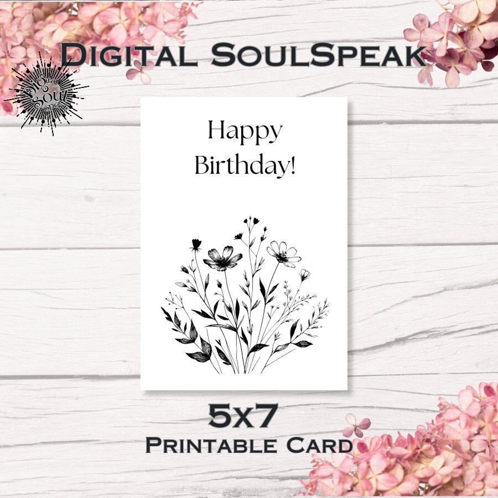 Printable Card | Happy Birthday 5x7 Floral Design Card V | Instant ...
