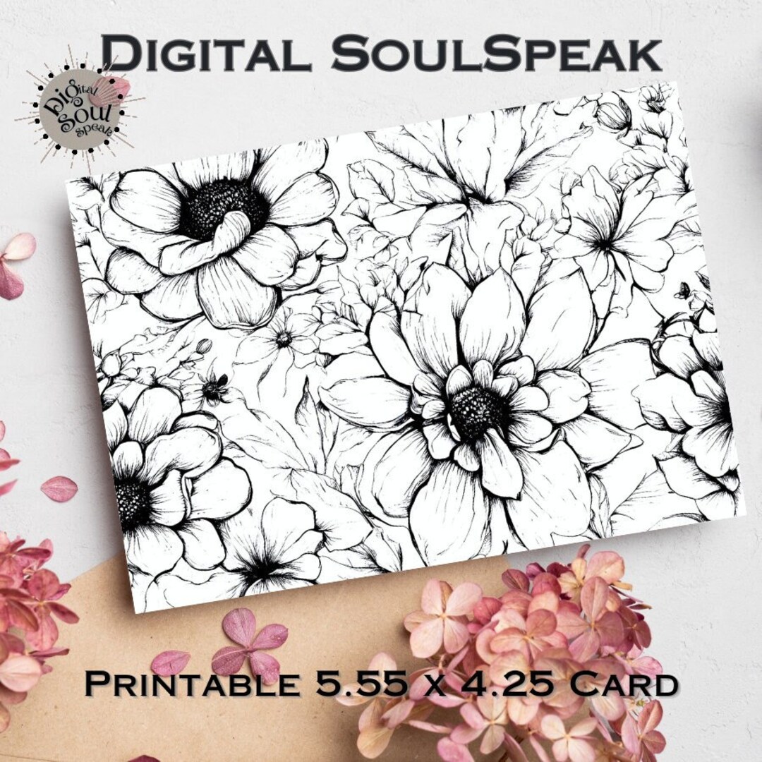 Floral Printable Card: Black Ink Design, Blank Inside (digital Download ...