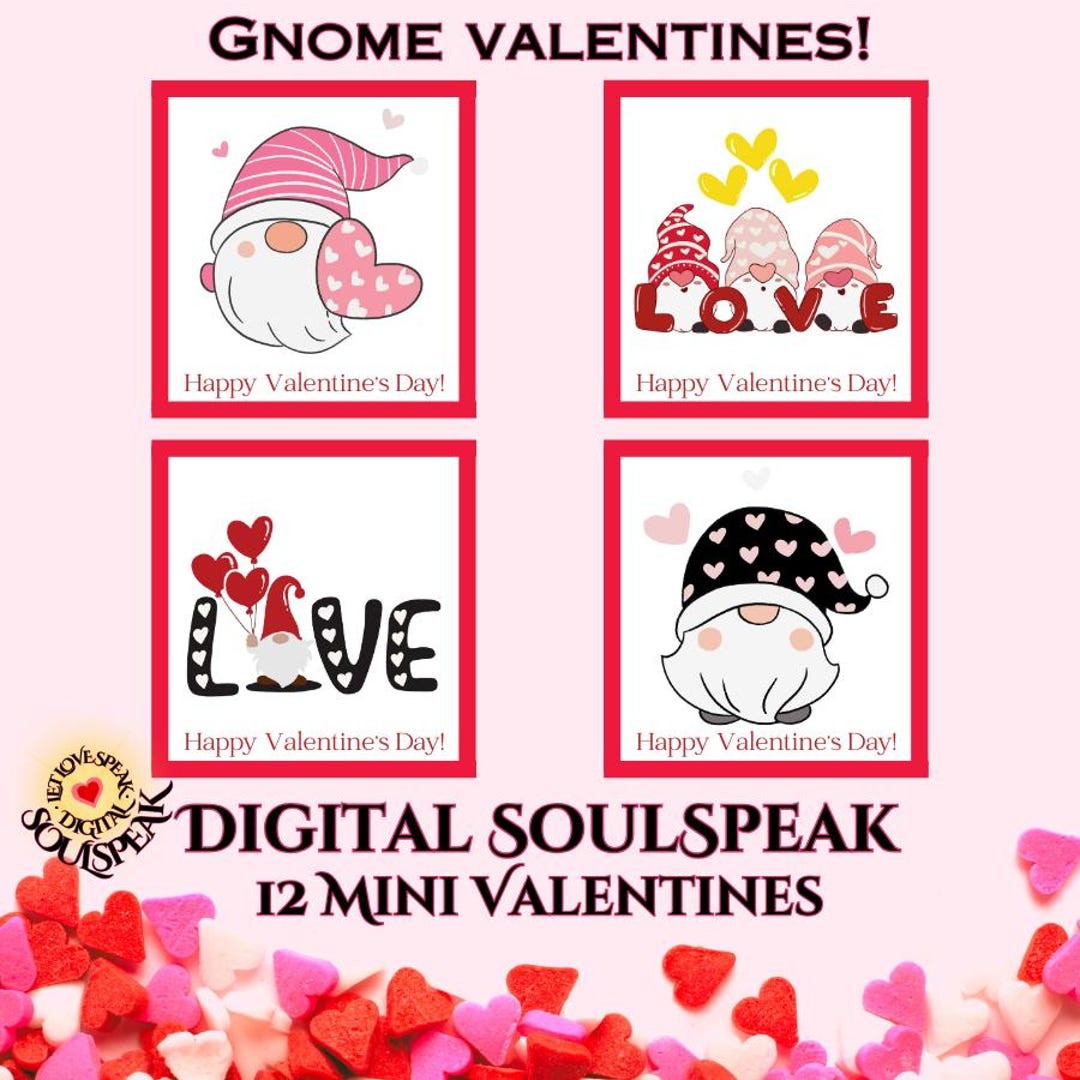 Gnome Valentine Cards | Kids' Printable Valentines, Set of 12 (digital ...