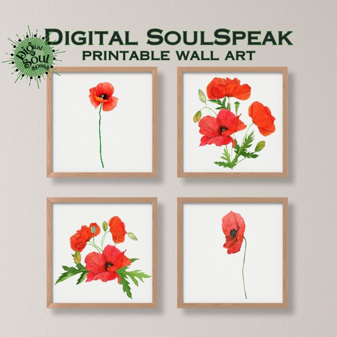 Printable Wall Art | Red Poppy Floral Wall Art Set of 4 | Square Images ...