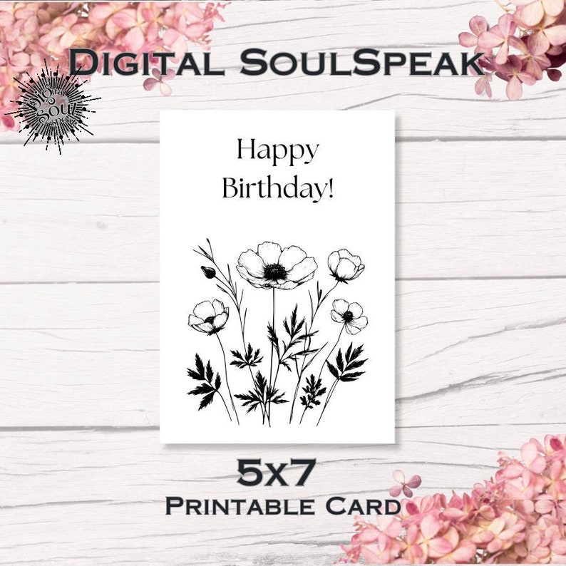 Printable Card | Happy Birthday 5x7 Floral Design Card VIII | Instant ...
