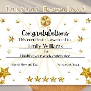 Personalised Gold Star Award Certificate, Congratulations Printable ...