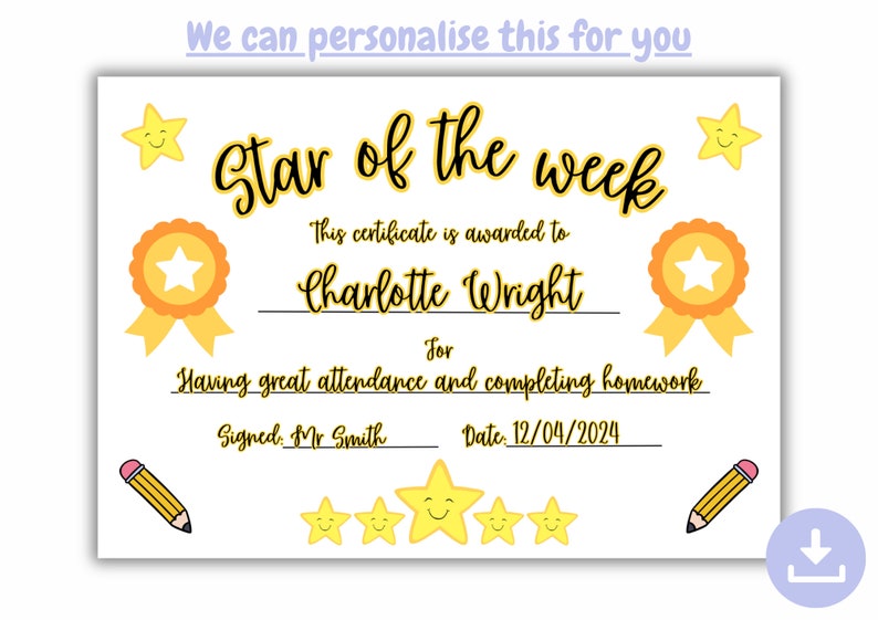 Personalised Star of the Week School Award Certificate, Printable for ...