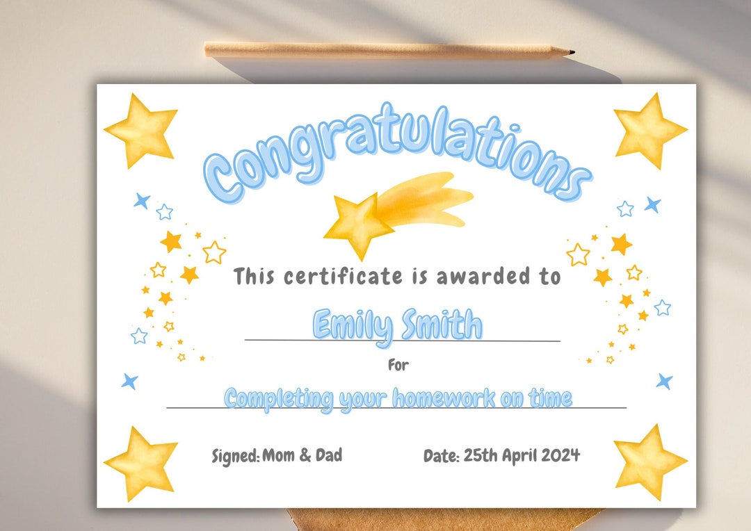 Personalised Star Award Certificate, Printable Kids Achievement ...