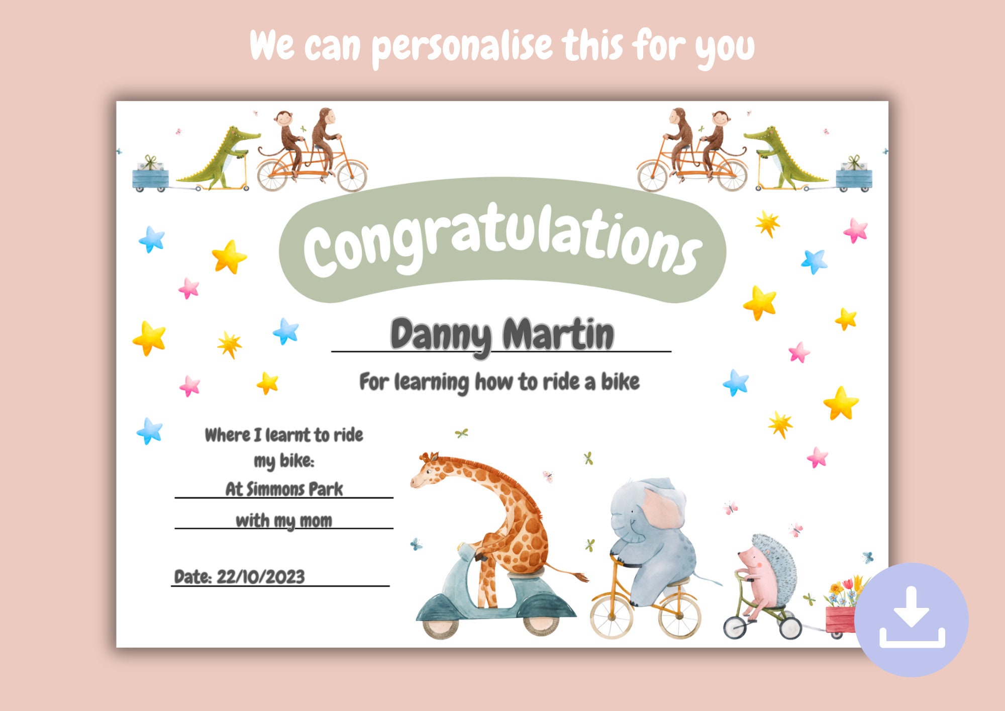 Bike Certificate Digital Print Riding My Bike Award Instant Download ...