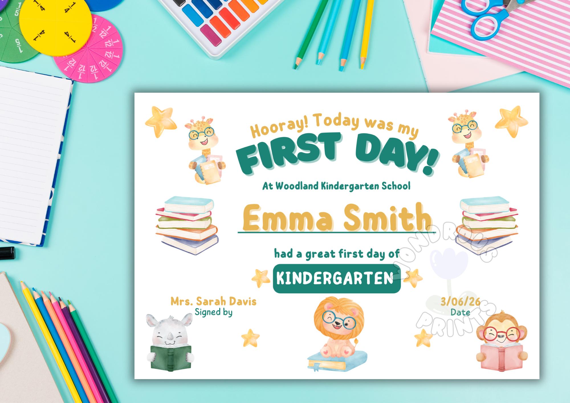 First Day at Kindergarten Certificate, Editable Printable, Digital ...