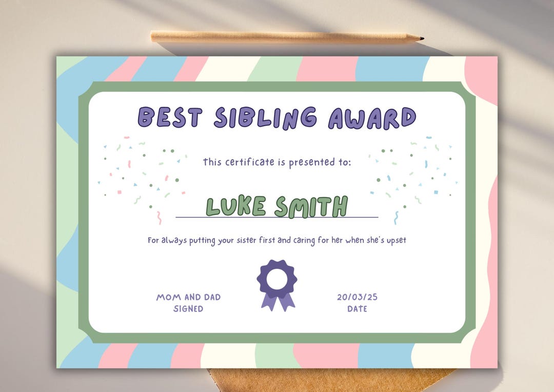 Personalised Best Sibling Award Certificate, Printable for Kids ...