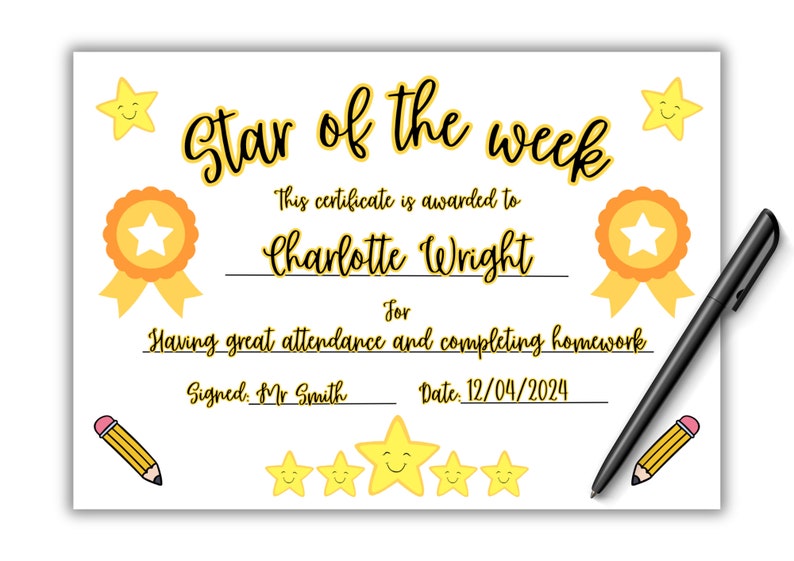 Personalised Star of the Week School Award Certificate, Printable for ...