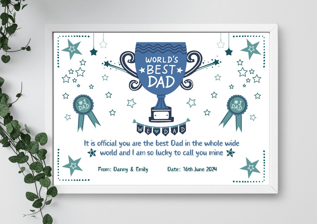 Fathers Day Certificate Gift Printable Download Best Dad in the World ...
