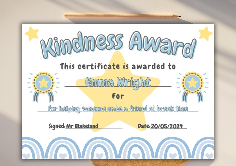 Personalised Kindness Award Certificate, Printable Kids Achievement ...