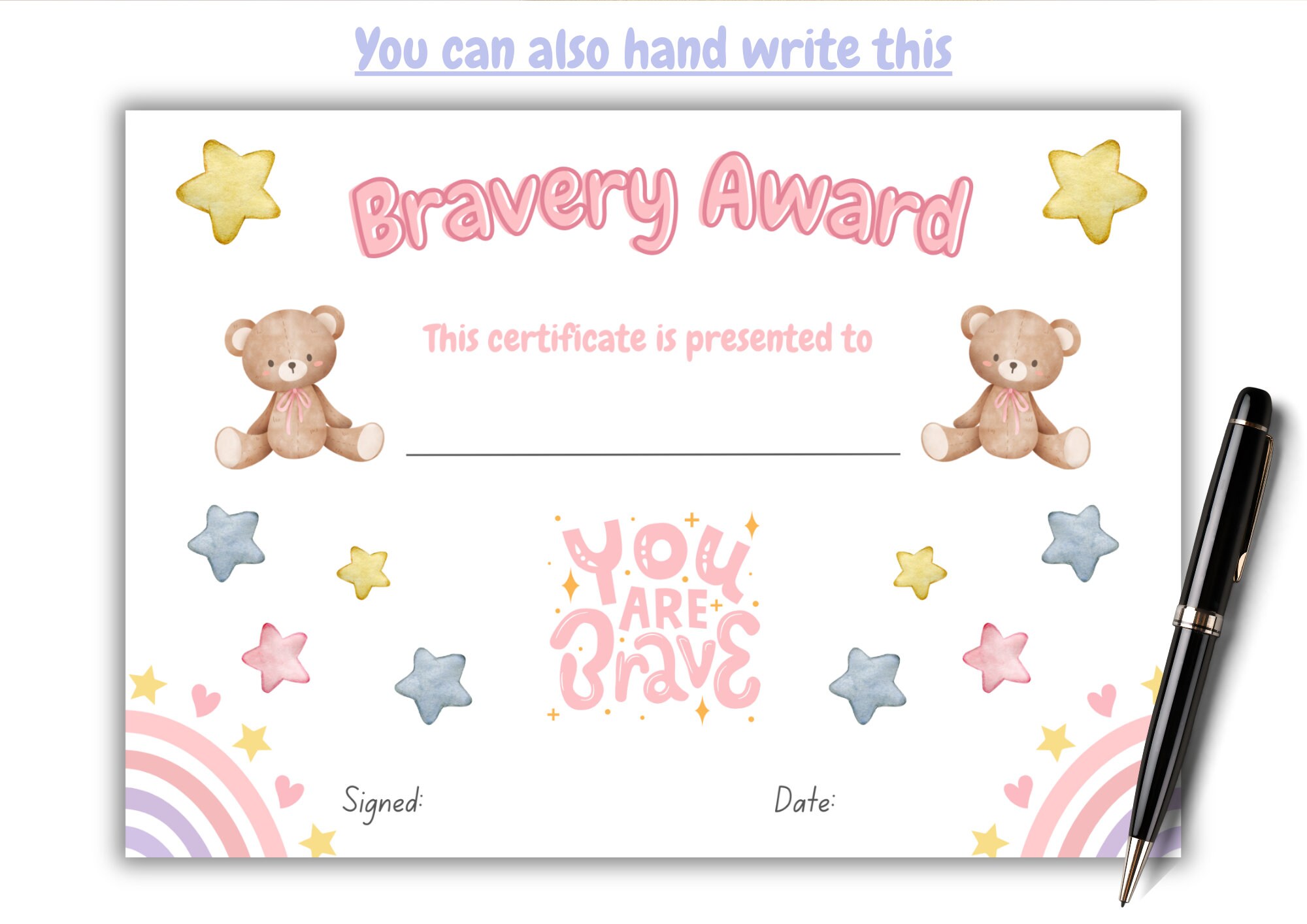 Personalised Pink Bravery Award Certificate, Printable Recognition for ...