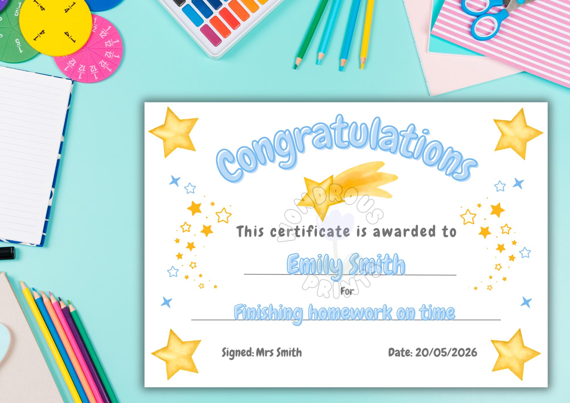 Congratulations Blue, Editable Star Award Certificate, Kids Achievement ...