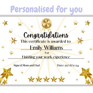 Personalised Gold Star Award Certificate, Congratulations Printable ...