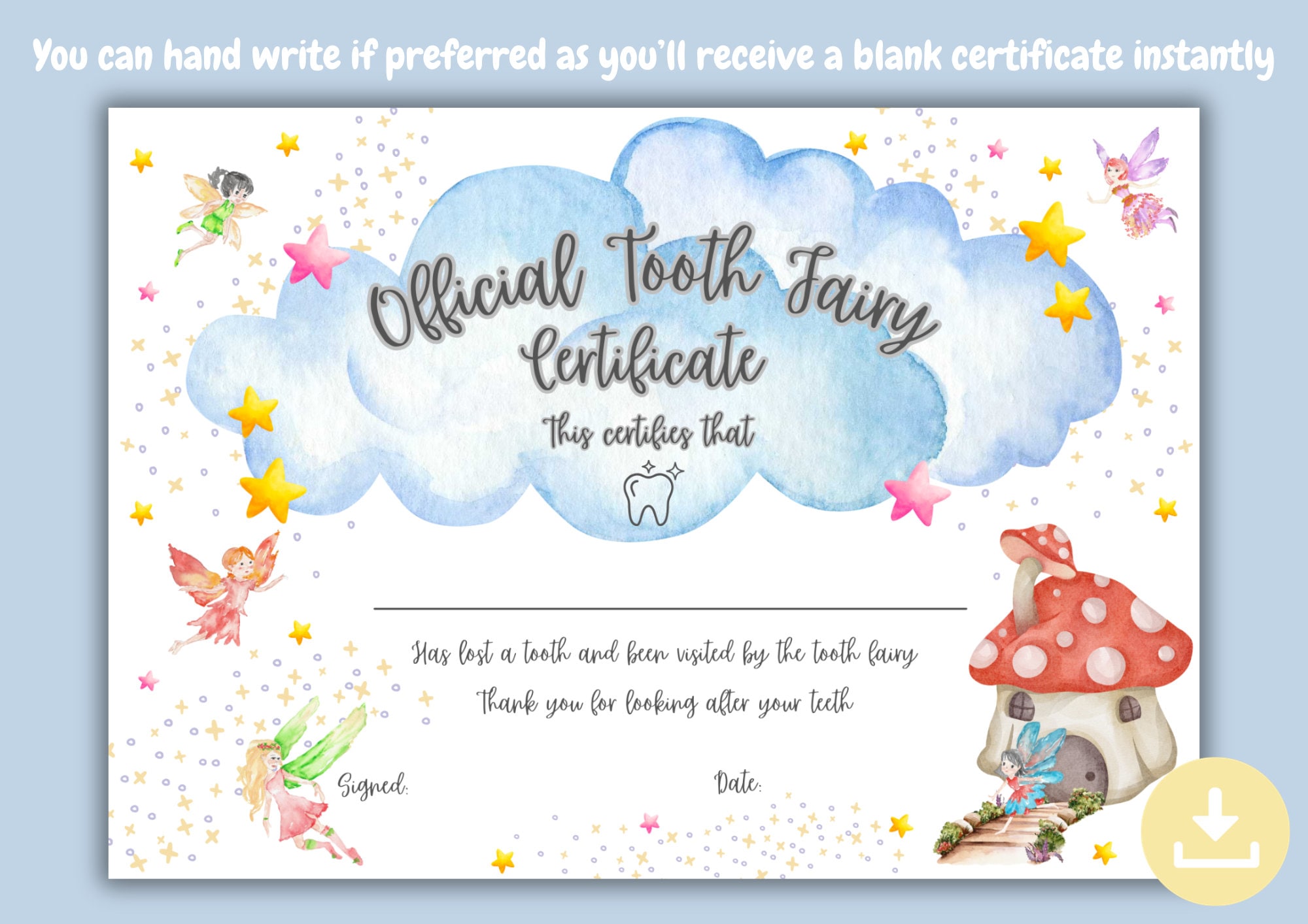 Tooth Fairy Certificate Personalised Children's Award Digital Printable ...