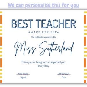 Personalised Teacher Gift Certificate of Achievement Well Done Teacher ...