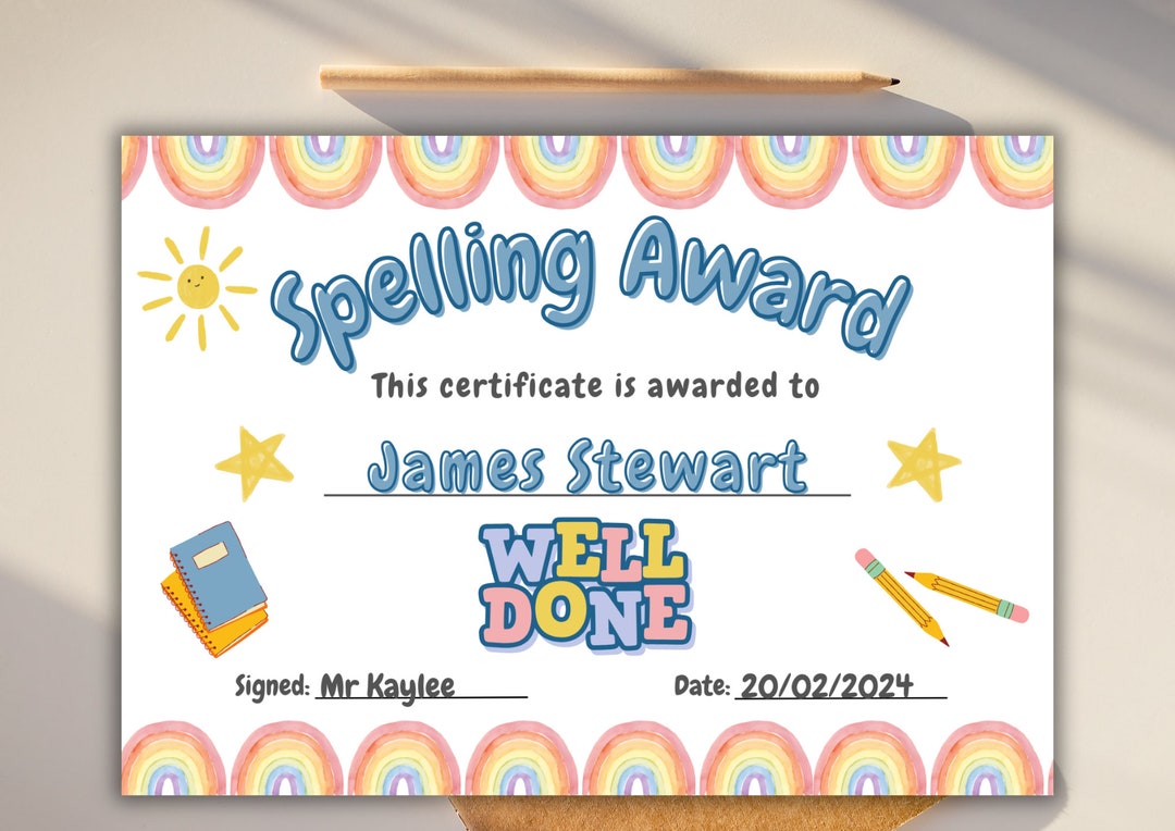 Spelling Award Template Certificate Printable, Well Done Award Instant ...