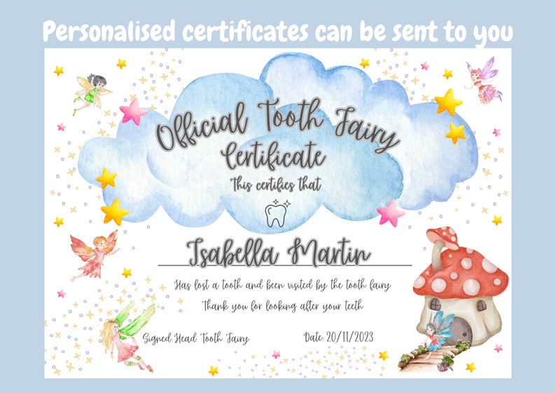 Tooth Fairy Certificate Personalised Children's Award Digital Printable ...