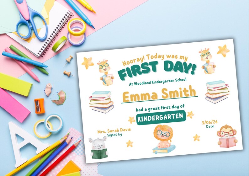 First Day at Kindergarten Certificate, Personalised Printable, Digital ...