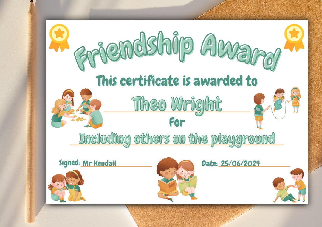 Personalised Friendship School Award Certificate, Printable for Kids ...