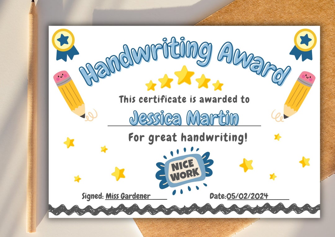 Personalised Handwriting Award Certificate, Printable Recognition for ...