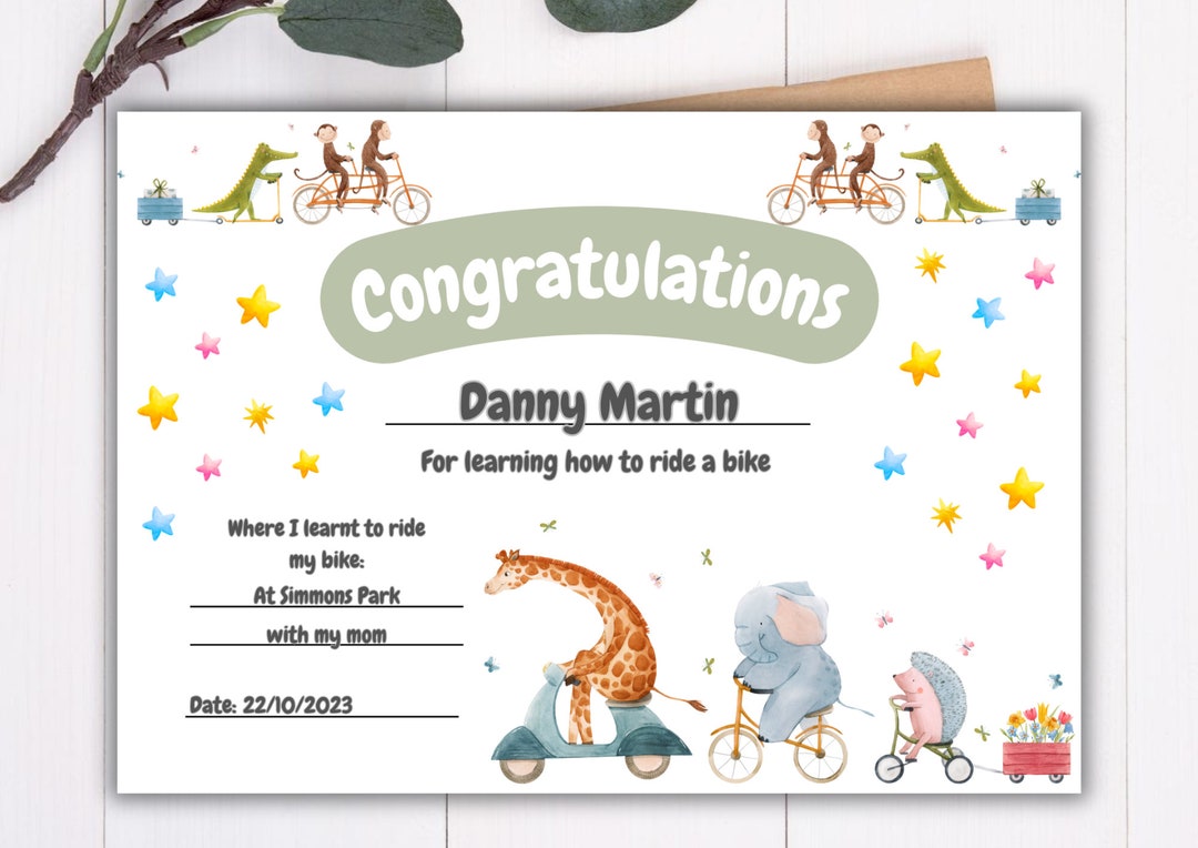 Bike Certificate Digital Print Riding My Bike Award Instant Download ...