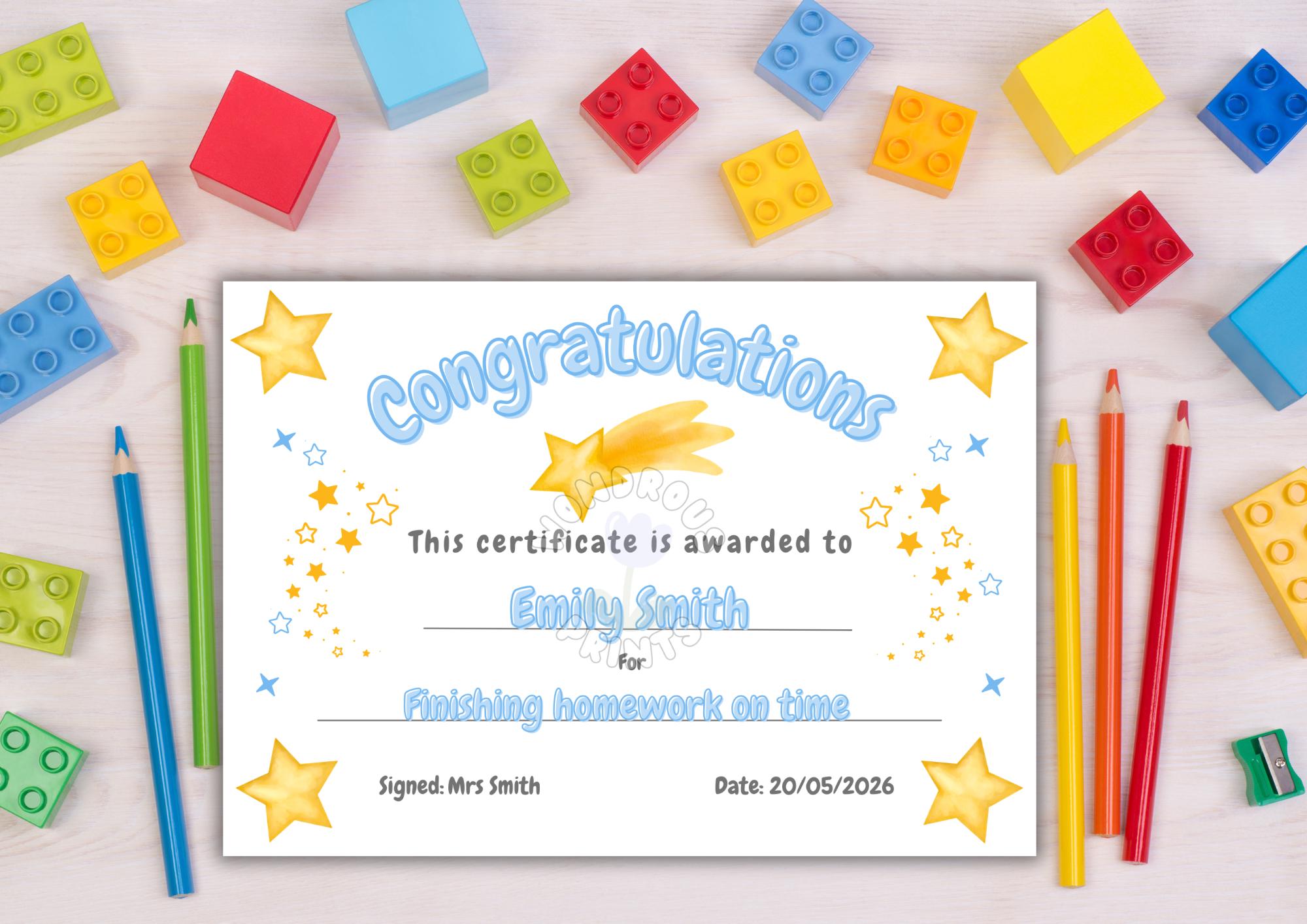 Congratulations Blue, Editable Star Award Certificate, Kids Achievement ...