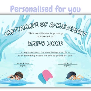 Personalised Swimming Certificate Kids Achievement Award Printable ...