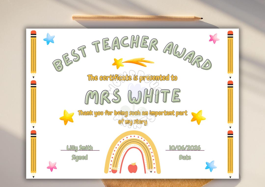 Teacher Rainbow Award Certificate, Editable Template, Digital Print ...