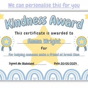 Personalised Kindness Award Certificate, Printable Kids Achievement ...